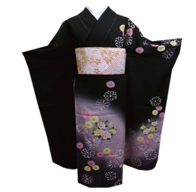 振袖 正絹 お買上 お仕立上がり 袋帯 長襦袢 3点セット 黒色地渋紫グレーぼかし牡丹八重桜 フリー 成人式 出来上がり 購入
