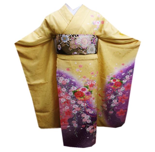 振袖 正絹 お買上 お仕立上がり 袋帯 長襦袢 3点セット 薄黄色地薄紫ぼかし枝垂れ桜古典花雪輪 フリー 成人式 出来上がり 購入