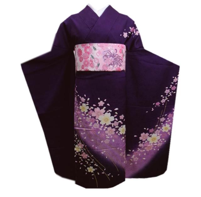 【訳有り 少難あり】 振袖 正絹 お買上 お仕立上がり 袋帯 長尺 長襦袢 3点セット 濃紫色地薄紫ぼかし桜小さくら花吹雪 Ｌ 成人式 出来上がり 購入