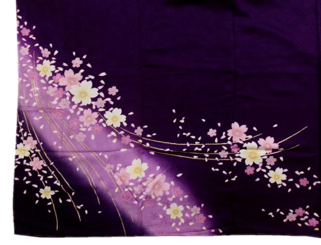 【訳有り 少難あり】 振袖 正絹 お買上 お仕立上がり 袋帯 長尺 長襦袢 3点セット 濃紫色地薄紫ぼかし桜小さくら花吹雪 Ｌ 成人式 出来上がり 購入 訳有り 少難あり】 振袖 正絹 お買上 お仕立上がり 袋帯 長尺 長襦袢