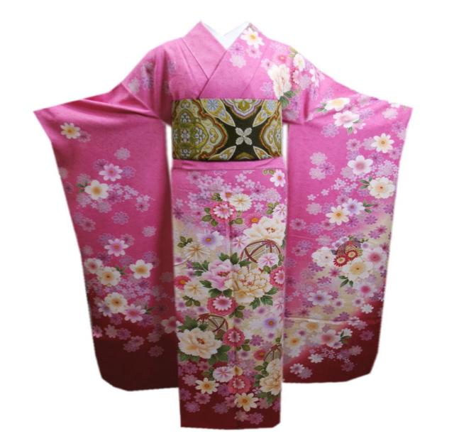 振袖 正絹 お買上 お仕立上がり 袋帯 長襦袢 3点セット ピンク地ワインぼかし牡丹鞠桜古典花 フリー 成人式 出来上がり 購入