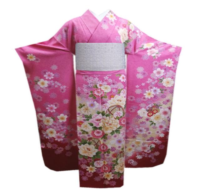 振袖 正絹 お買上 お仕立上がり 単品 ピンク地ワインぼかし牡丹鞠桜古典花 フリー 成人式 出来上がり 購入 販売 リメイク 生地 和柄