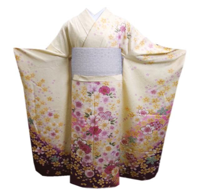 振袖 正絹 お買上 お仕立上がり 単品 淡黄色地紫ぼかし桜さくら八重桜 フリー 成人式 出来上がり 購入 販売 リメイク 生地 和柄