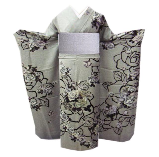 振袖 正絹 お買上 お仕立上がり 単品 ブランド 薄グレー地薔薇 Ｌ 成人式 出来上がり 購入 リメイク 生地 薔薇柄 バラ