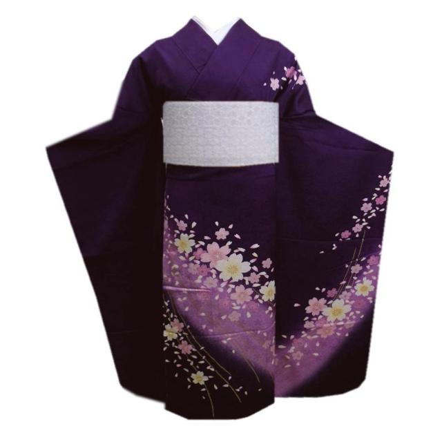 【訳有り 少難あり】 振袖 正絹 お買上 お仕立上がり 単品 濃紫色地薄紫ぼかし桜小さくら花吹雪 Ｌ 成人式 出来上がり 購入 リメイク 生地 和柄 桜柄