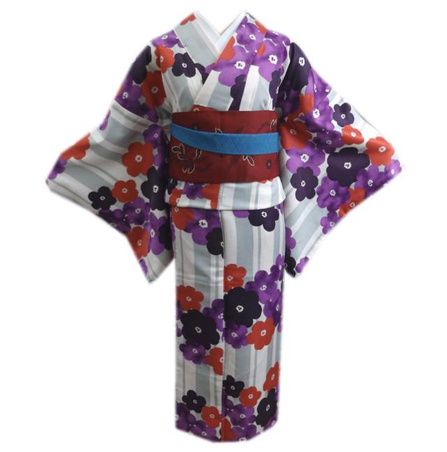 着物 洗える 袷 小紋 Ｈ・Ｌ 半巾帯 細帯 2点セット オフホワイト薄グレーライン花花 フリー きもの 半幅帯 女性用