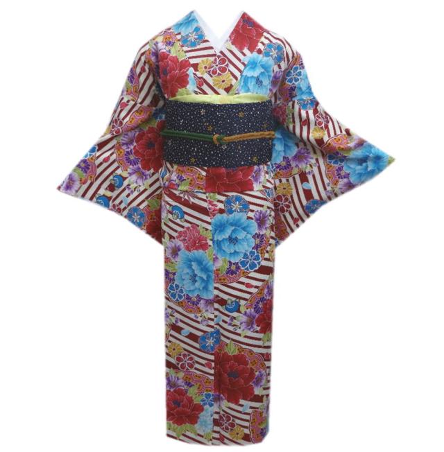 着物 洗える 袷 小紋 と 軽装帯 付け帯 2点セット 総柄赤色ストライプ地牡丹古典花 Ｌ カジュアル きもの プレタ 作り帯 女性用