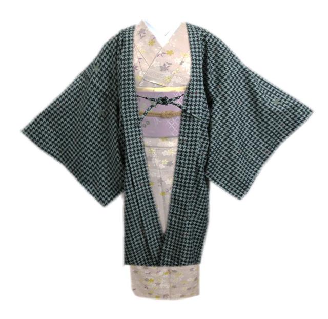 長羽織 はおり コート 洗える 薄緑グレー地千鳥格子 Ｍ Ｌ 羽織紐付 ロング丈 和装 着物 女性用 レディース 冬用 春 秋