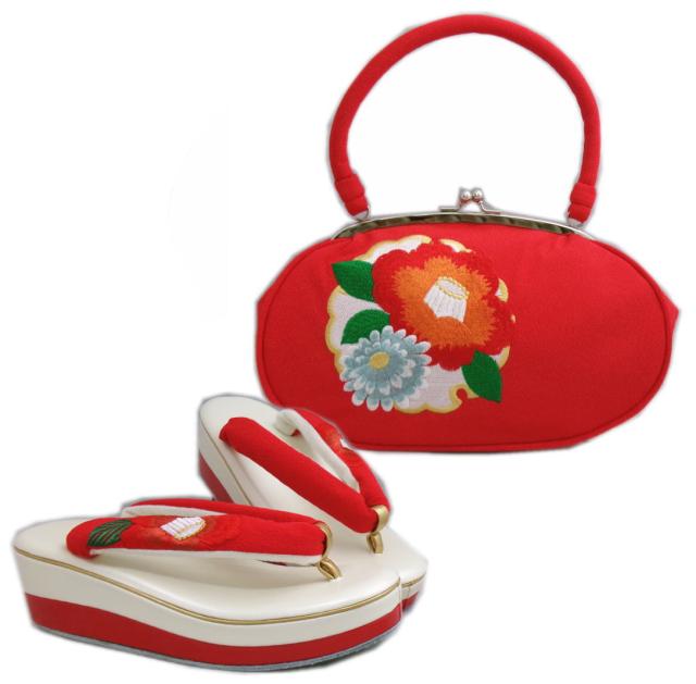 草履バッグセット 赤色地椿刺繍 フリー 23.5cm 振袖 成人式 卒業式 袴 訪問着 着物 がま口 ぞうり 振袖用 はかま ゾウリ 女性用