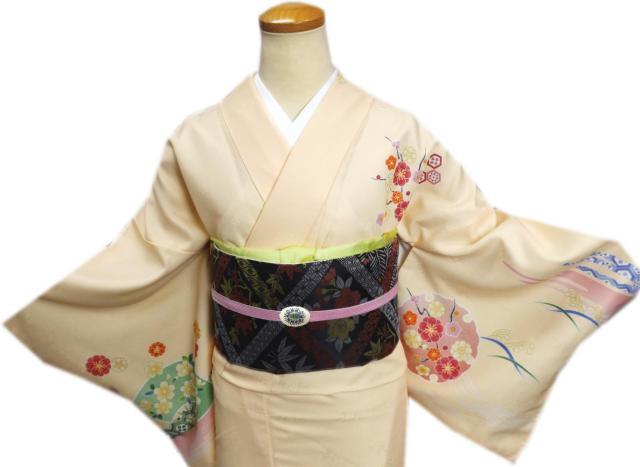 訪問着 着物 洗える お仕立て上がり 袋帯 2点セット 薄橙地古典四季花