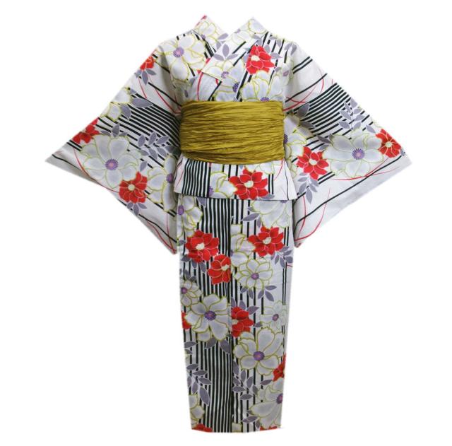 浴衣 セパレート 二部式 兵児帯 2点セット ラメ入り オフホワイト白色地可憐花黒ライン フリー 簡単着付け 天然冷感 女性用 レディース ゆかた へこ帯