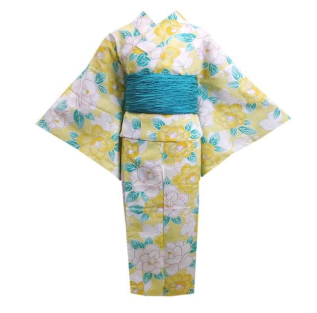浴衣 セパレート 二部式 兵児帯 2点セット ラメ入り 薄黄色地椿 フリー 簡単着付け 天然冷感 女性用 レディース ゆかた へこ帯