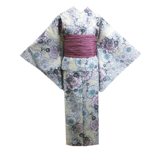浴衣 セパレート 二部式 兵児帯 2点セット ラメ入り 淡クリーム地菊花 フリー 簡単着付け 天然冷感 女性用 レディース ゆかた へこ帯