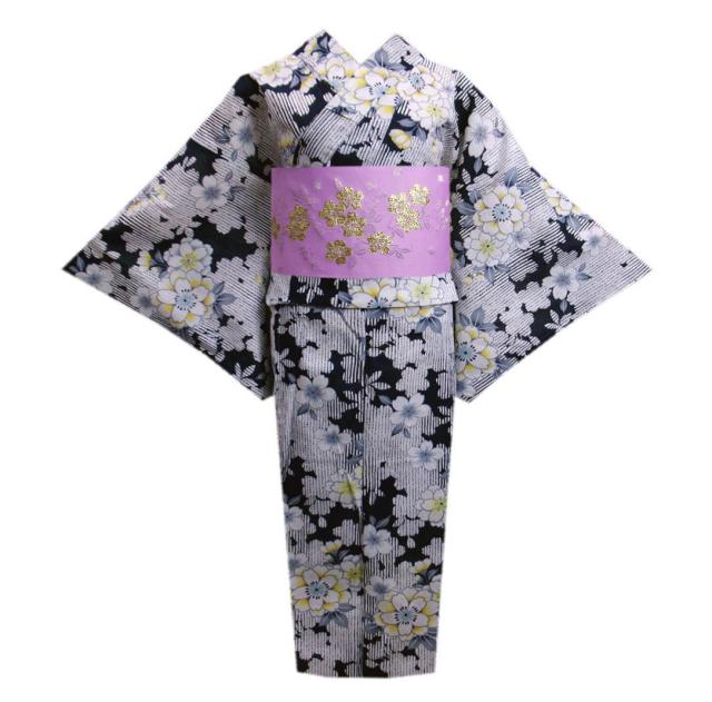 浴衣 セパレート 二部式 結び帯 2点セット ラメ入り オフホワイト白色濃紺地八重桜ライン フリー 簡単着付け 天然冷感 女性用 レディース ゆかた 付け帯 作り帯