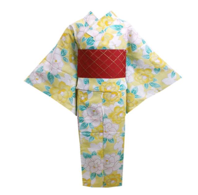 浴衣 セパレート 二部式 結び帯 2点セット ラメ入り 薄黄色地椿 フリー 簡単着付け 天然冷感 女性用 レディース ゆかた 付け帯 作り帯