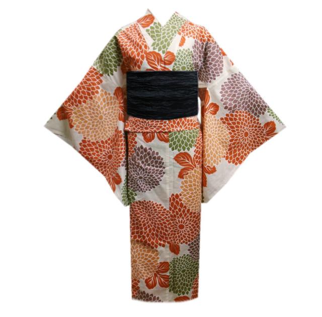 浴衣 ふくよかさん 5Ｌ 兵児帯 長尺 ふわクシュ シワ 2点セット 淡橙色地大輪菊花 女性用 レディース 大きいサイズ ゆかた へこ帯 ぽっちゃり 高身長 幅広