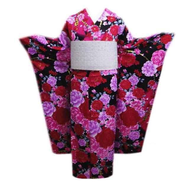 振袖 お買上 お仕立上がり 単品 黒赤地大輪薔薇八重桜 フリー 洗える ポリエステル 成人式 購入 リメイク 生地 総柄 古典柄 薔薇柄 バラ