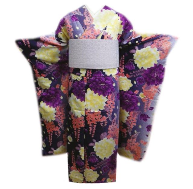 振袖 お買上 お仕立上がり 単品 濃紫地大輪可憐花藤 フリー 洗える ポリエステル 成人式 購入 リメイク 生地 総柄 古典柄 和柄