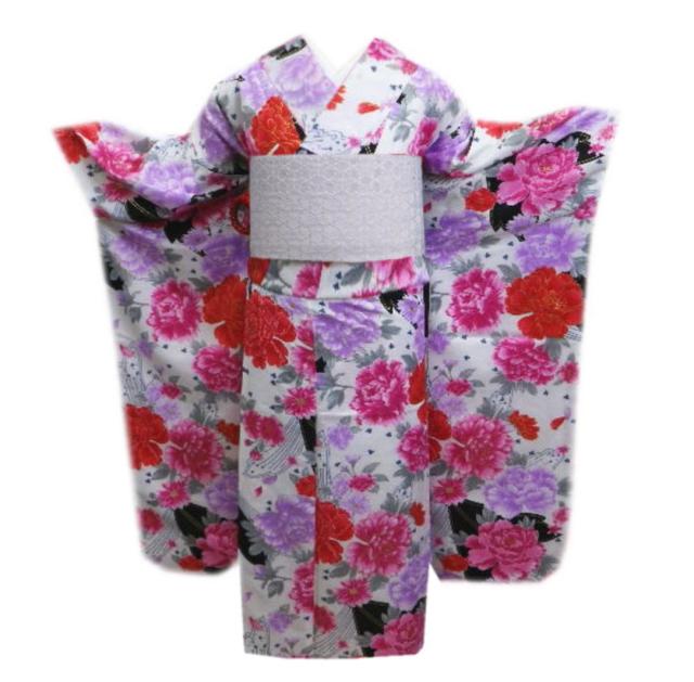 振袖 お買上 お仕立上がり 単品 白地大輪牡丹 フリー 洗える ポリエステル 成人式 購入 リメイク 生地 総柄 古典柄 和柄