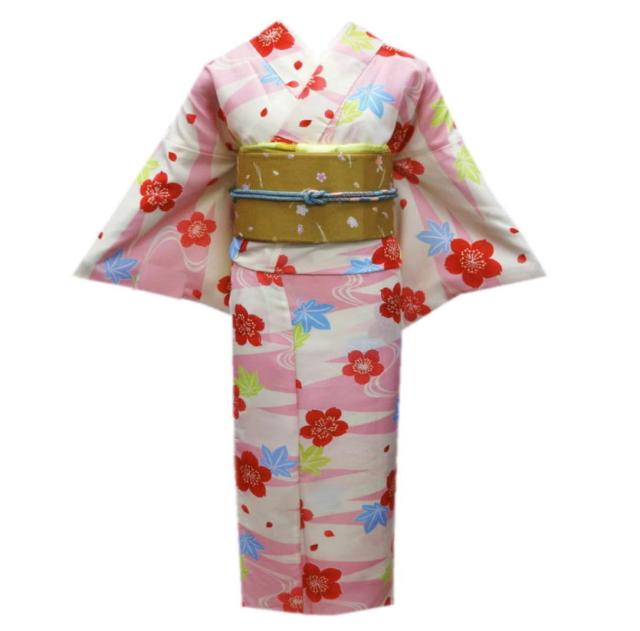 着物 洗える 単衣 小紋 と 軽装帯 付け帯 2点セット ピンク薄クリーム地桜楓流水 Ｍ Ｌ カジュアル きもの ひとえ プレタ 女性用