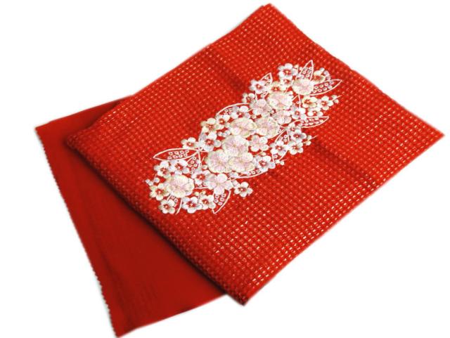 帯揚げ 帯上げ 銀通し ふくれ織 刺繍入り 正絹 赤色地八重梅枝 丹後ちりめん 日本製 振袖 成人式 着物 帯あげ 振袖用 きもの シルク