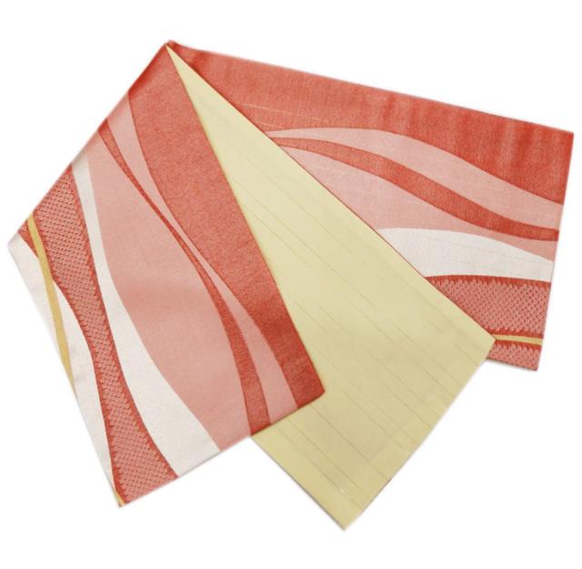 【訳有り 少難あり】 袋帯 お仕立て上がり 薄朱赤色地ひったライン 金糸入り 全通柄 振袖 成人式 着物 訪問着 長尺 洗える