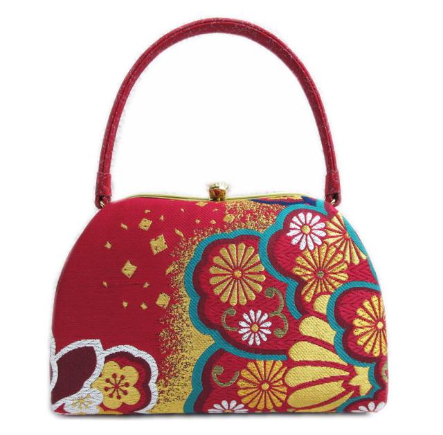 バッグ 手提げ 帯地 金糸入り半円型赤色地菊花桜 日本製 振袖 成人式 卒業式 袴 着物 単品 振袖用 きもの はかま 和装 女性用