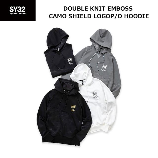 SY32 パーカー ダブル ニット エンボス カモ シールド ロゴ フーディー 13510 メンズ ウエア 全4色 ブラック/ホワイト ブラック/ゴールド ホワイト/ブラック グレー/ホワイト