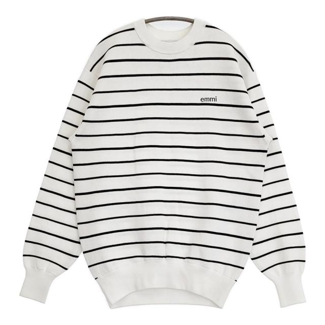 emmi 10th emmiロゴミラノリブトップス 定価15400円 ボーダー コットン ニット 25SS ホワイト ブラック レディース エミ【中古】5-0718M♪