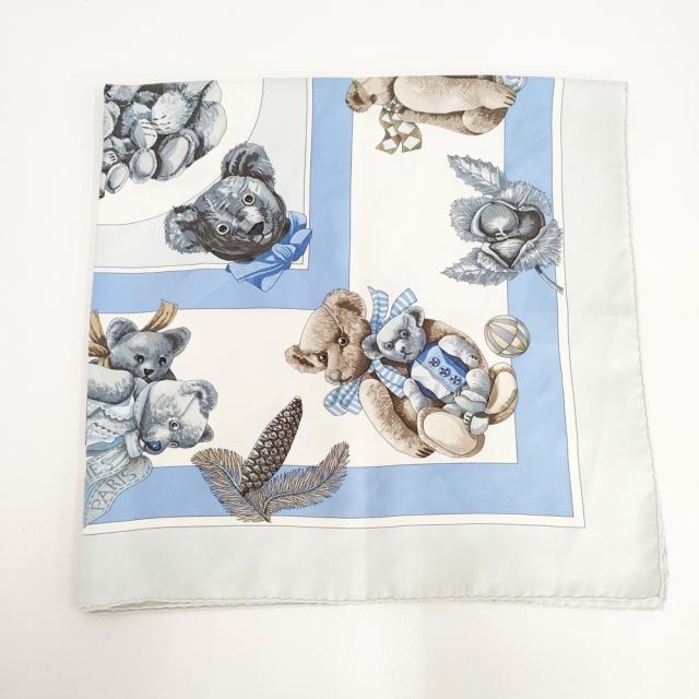 HERMES カレ90 CONFIDENTS DES COEURS 心の友 クマ テディベア ブルーベア スカーフ ミズイロ レディース エルメス【中古】5-1120G◎