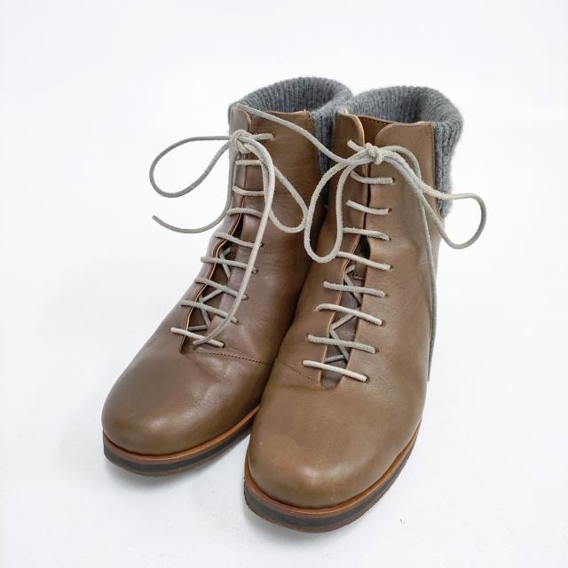 mina perhonen maki レースアップブーツ 38サイズ 定価73000円 牛革 レザー リブ カシミヤ  ブーツ ブラウン レディース ミナペルホネン【中古】5-1021T◎