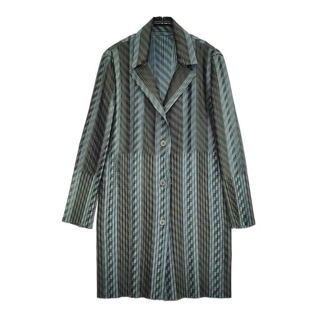 ISSEY MIYAKE IM43FD106 サイズ2 プリーツ ロング テーラードジャケット グリーン レディース イッセイミヤケ【中古】5-1026M♪