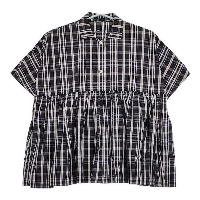 Lin francais d’antan ギャザー プルオーバー 半袖 チェック ブラウス シャツ ブラック ブラウン レディース ランフランセダンタン【中古】5-0724S∞