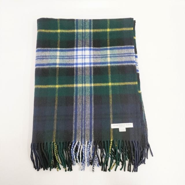 JOHNSTONS OF ELGIN カシミヤ 大判 マフラー チェック ストール グリーン ネイビー レディース ジョンストンズオブ エルガン【中古】5-1127T◎