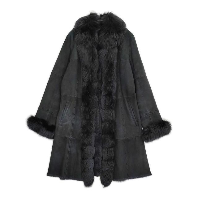 LINOS リノス 本体ラビットファー 衿袖フォックスファー サイズ40 コート ブラック レディース【中古】5-1127A♪