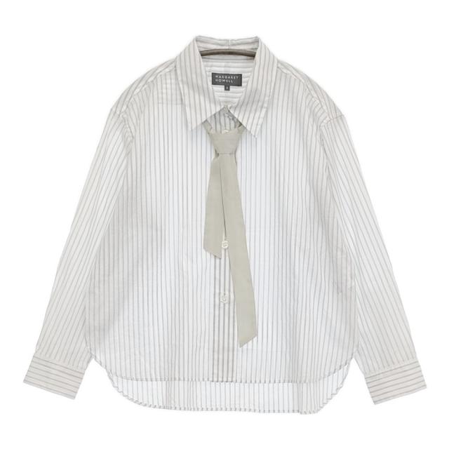 MARGARET HOWELL SOFT COTTON CHAMBRAY 1 定価42900円 ストライプシャツ 25AW ホワイト グレー レディース マーガレットハウエル【中古】5-1014M♪
