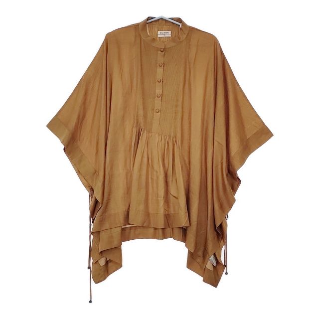 BUNON ピンタック オーバーケープ 定価37400円 インド製 シルク ポンチョ ブラウス シャツ ブラウン レディース ブノン【中古】5-0616M∞