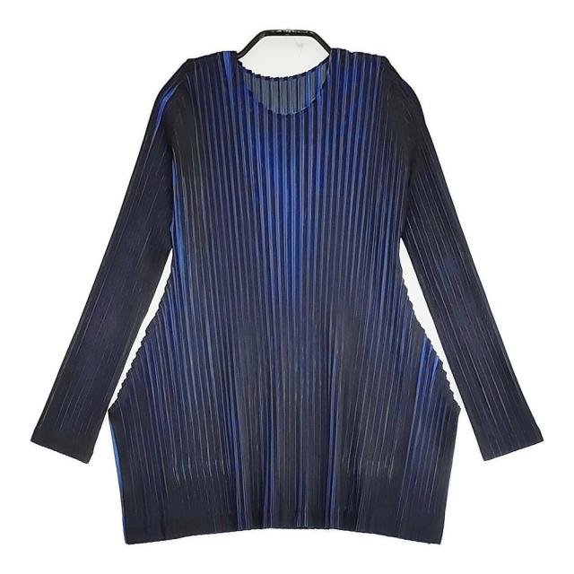 PLEATS PLEASE ISSEY MIYAKE 美品 プリーツチュニック PP23JK521 サイズ3 サイドスリット カットソー ブラック ブルー レディース プリーツプリーズ【中古】5-1115M♪