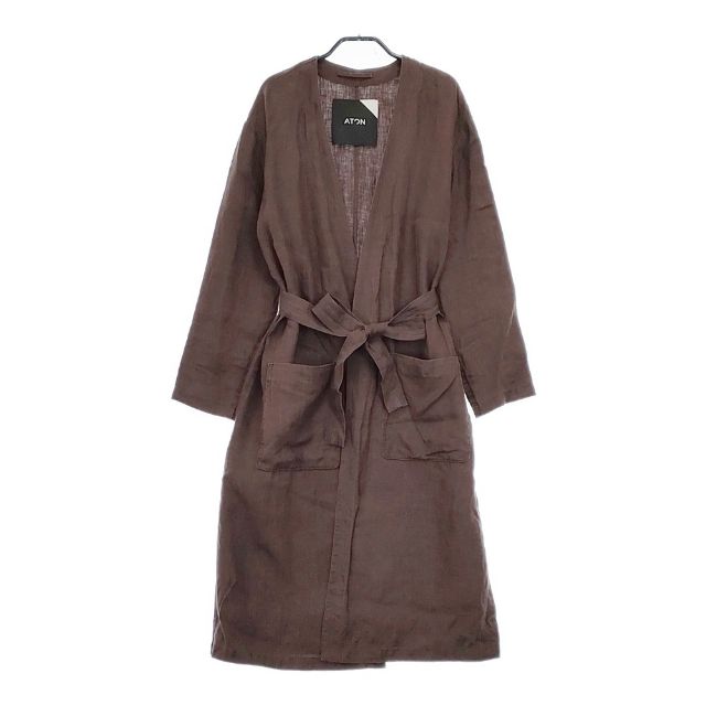 ATON リネン ガウン LINEN HOUNDS TOOTH ローブ コート ブラウン レディース エイトン【中古】5-0416M∞