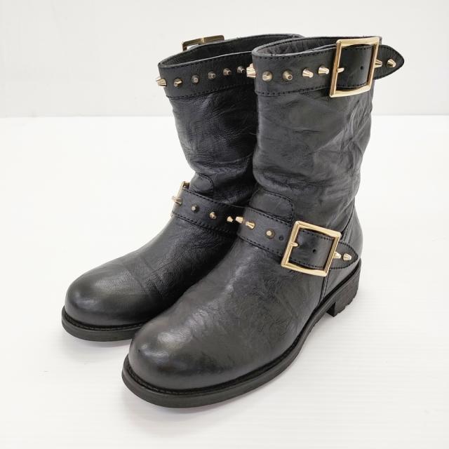 JIMMY CHOO レザー スタッズ付き エンジニアブーツ サイズ35 1/2 ブーツ ブラック レディース ジミーチュウ【中古】5-0313G◎
