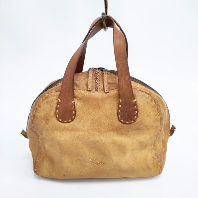 HENRY CUIR イタリア製 ミニボストン 革 加工レザー 犬 刺繍 ハンドバッグ オウド色 レディース アンリークイール【中古】5-0808G◎