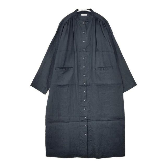 fog linen work リトアニア製リネン コートワンピース 長袖 ギャザー ワンピース ネイビー フォグリネンワーク【中古】5-0812M△