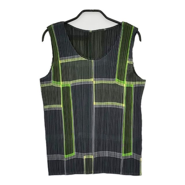 PLEATS PLEASE ISSEY MIYAKE プリーツ チェック柄 PP64JK541 キャミソール ノースリーブ Ｔシャツ カットソー グリーン レディース プリーツプリーズ【中古】5-0702S∞