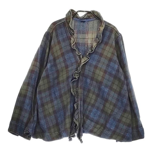 45R/45rpm ジンバブエコットンのざっくりネルカシュクール ブラウス ネイビー グリーン フォーティーファイブアールピーエム【中古】5-0325M♪