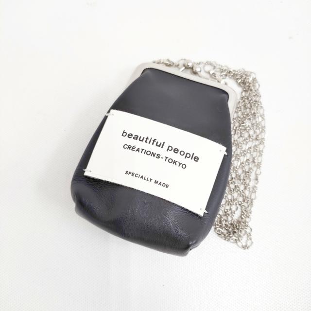 beautiful people 未使用品 がま口 牛革 レザー ポーチ ブラック レディース ビューティフルピープル【中古】4-1219G◎