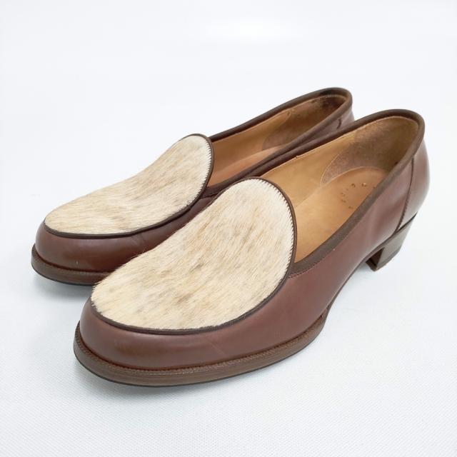 Post Production ポストプロダクション Re-Lux Baby Calf×Cow fur サイズ4 ローファー ブラウン レディース【中古】5-0603G◎