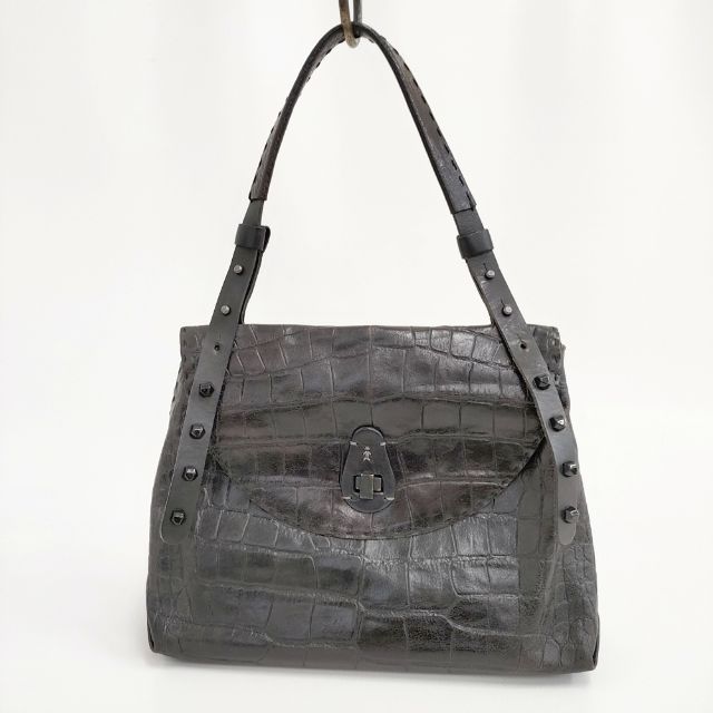 HENRY BEGUELIN オミノ 刺繍 型押しレザー トートバッグ ブラック レディース エンリーベグリン【中古】5-0929G∞