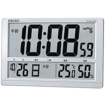 セイコー クロック 掛け時計 置き時計 兼用 電波 デジタル カレンダー 六曜 温度 湿度 表示 大型 銀色 メタリック SQ433S SEIKO（中古品）
