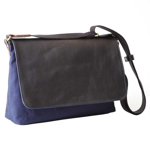 【ポイント10倍】acoustic world アコースティック・ワールド FRANK フランク フラップ ショルダーバッグ 横型 日本製 本革 帆布 ブラック aw00203-BK