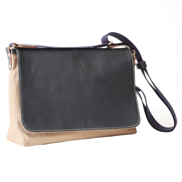 【ポイント10倍】acoustic world アコースティック・ワールド FRANK フランク フラップ ショルダーバッグ 横型 日本製 本革 帆布 ネイビー aw00203-NV